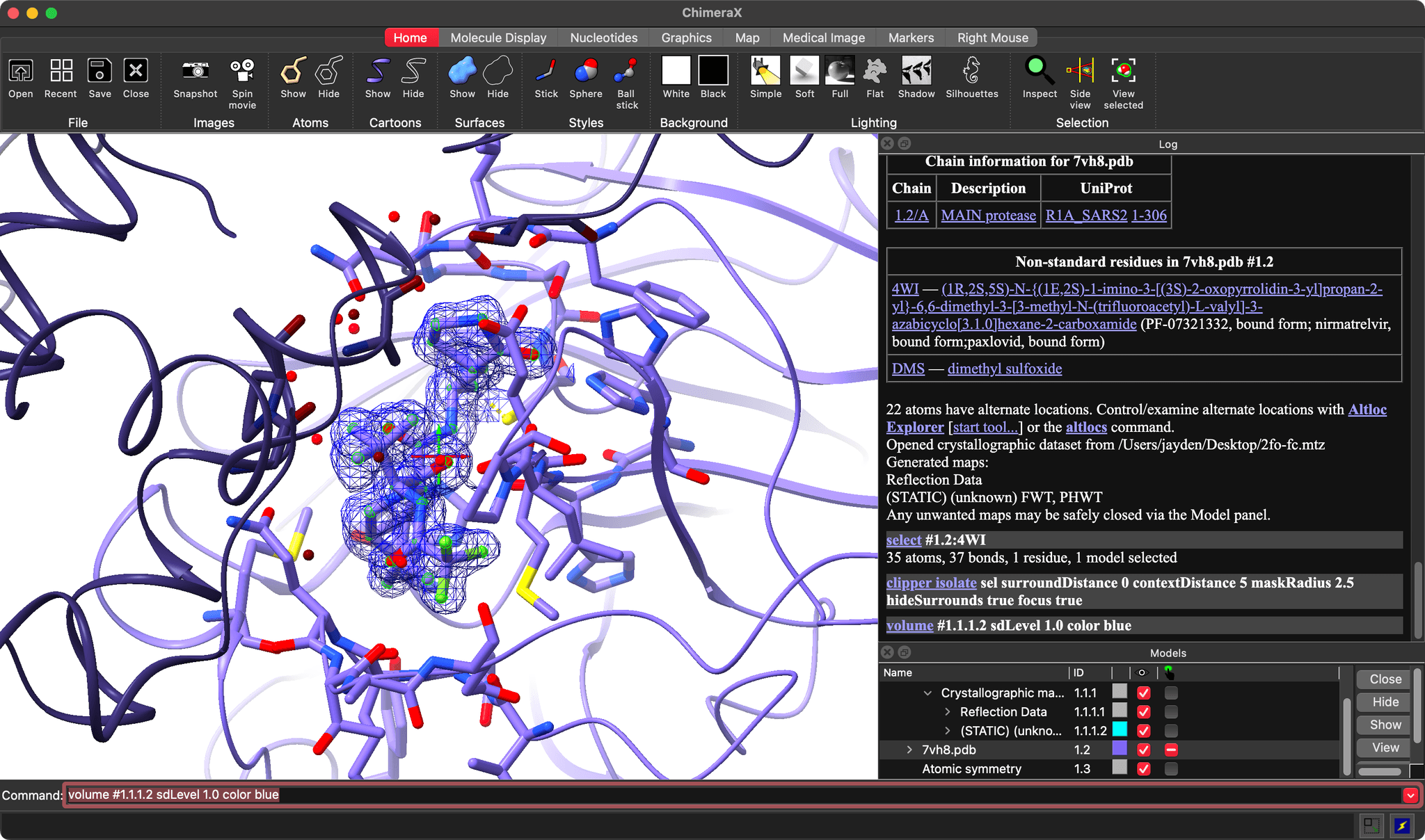 使用 ChimeraX 绘制晶体结构小分子密度 - Jayden